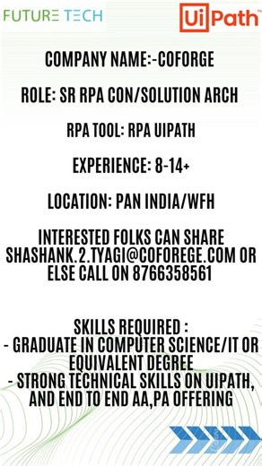 #Coforge is bulk #hiring UiPath Solution Architect for #pan #india How to become # senior #rpa #consultant For more update about RPA & AI :- www.futuretechera.com Login web & take help through our technical counselor. #rpa #UiPath #hiring #across #india #ai #hiring #noida #pune #mumbai #opening #futuretechera | FutureTech Era | Facebook