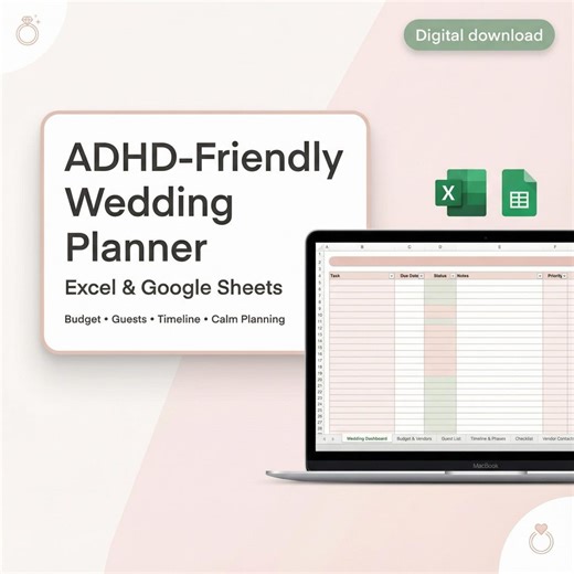 ADHD-Friendly Wedding Planner Excel & Google Sheets | Budget, Guest List, Timeline, Calm Planning - Etsy France