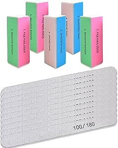 Nail Buffer Files Set Including 5pcs Buffer Block and 10pcs Nail Files with 100/180 grit, Nail Manicure Pedicure DIY&Salon Tools Use