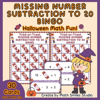 Trick-or-Treat Missing Number Subtraction to 20 Bingo | Halloween Math Game