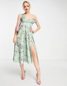ASOS DESIGN button detail midi prom dress in sage floral | ASOS