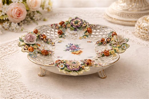 Antique Von Schierholz Dresden Porcelain Centerpiece Bowl - Hand-applied Floral Encrusted - Reticulated Lace Victorian C.1880–1900 - Etsy