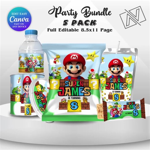 Mario Bros Birthday Gable Box Label Mario theme Party Super Mario Invite Boy 8th Birthday Mario Party Favors Peach Birthday Mario luigi SM1