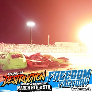 DESTRUCTION is coming back to the Freedom Factory Join us for a weekend packed with full-contact racing, jaw-dropping car-crashing stunts, and heart-pounding demolition derby action! ️ Secure your tickets NOW and save! ️  - [https://bit.ly/TODFF2024](https://bit.ly/TODFF2024) | Tour of Destruction | Facebook