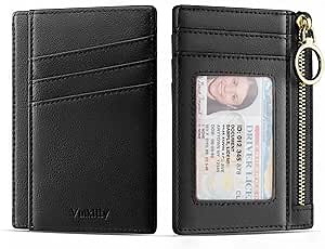 Vulkitty Small Wallet for Women Minimalist Slim Front Pocket Zipper Wallet RFID Blocking Credit Card Holder with ID Slot Window Keychain Black