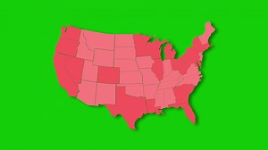 Politic map of United States of America appears and disappears in red colors isolated on green screen or chroma key background. USA map showing different states. State map.