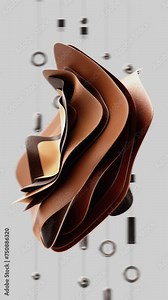 3d render many layers of brown leather develop in the wind against simple geometric metal shapes, soothing vertical 4k views