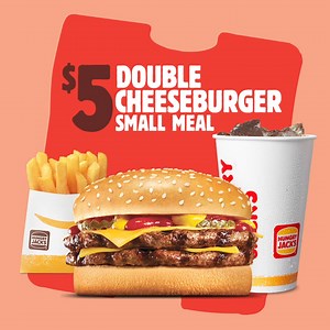 DOUBLE CHEESEBURGER MEAL DEAL!  Tuck into a flame grilled Double Cheeseburger, thick cut Chips & Drink for ONLY $5! Order this flamin' deal on the HJ's App now! | Hungry Jack's | Facebook