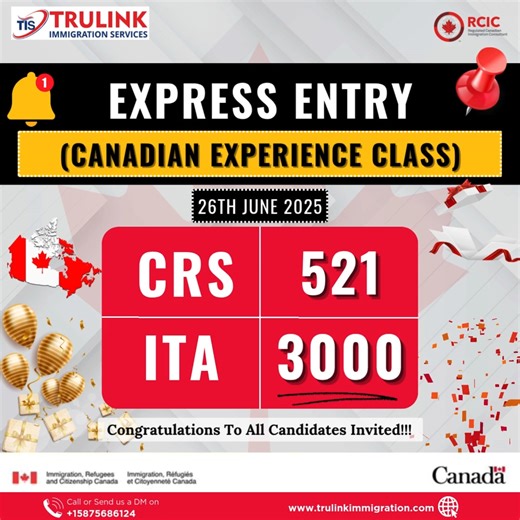 An Express Entry draw (Canadian Experience Class) was held on the 26th of June 2025 and a total of 3000 individuals were given an invitation to apply for permanent residence. The cut-off mark used was 521. Congratulations to every individual who got an invitation to apply. Reach out to us today if you want to migrate to Canada soon. Our WhatsApp number is 15875686124 | Trulink Immigration Services