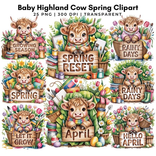 Baby Highland Cow Spring Clipart 25 PNG | Hello Spring Illustration | Digital Stickers - Etsy