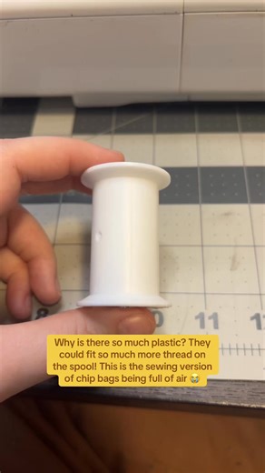 dharma on Instagram: "Why is there so much wasted space on a spool of thread? 🧵😭 If they used less plastic, they could fit so much more thread! I know it would probably cost more, but I would pay for that. It feels just like when you open a chip bag and it’s mostly air 😅 Fewer spools, less waste, and more thread for all our projects would be amazing!"