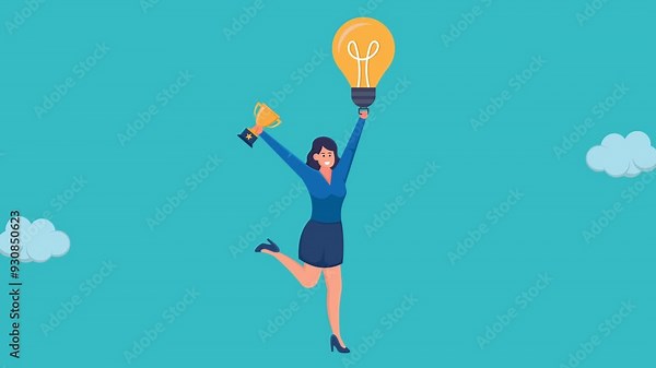 Footage of Animation of Successful Female Entrepreneur Winning Victory Trophy, Employee Wins. Concept Illustration of Flying Characters with Idea Balloons