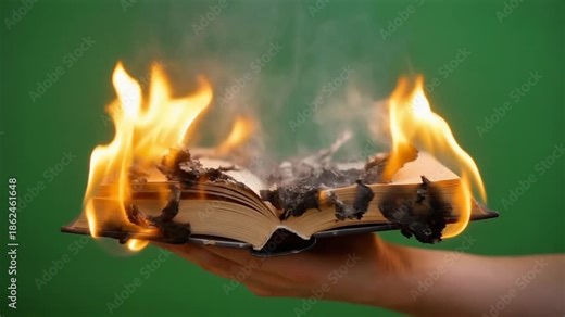 Burning Book Held in Hand Against Green Screen Background.