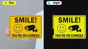 GicnKeuz Large Smile You're On Camera Signs, 14x10 Inches Rust Free.40 Reflective Aluminum Video Surveillance Signs Outdoor, Fade Resistant/Waterproof, 6 Pre-drilled Holes (4 Pack)