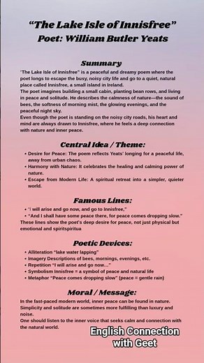 The Lake Isle of Innisfree Summary | CBSE Class 9 English Poem | W.B. Yeats Poetry | Message | Theme