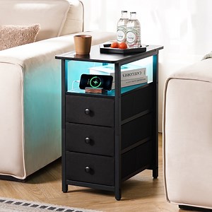Nightstand with Charging Station, Narrow End Table Side Table with 3 Fabric Drawers and Storage Shelf, Small LED Bedside Table for Living Room Bedroom, Black - Walmart.com