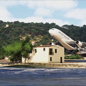 2.6K views · 23 reactions | Air New Zealand take off from the stunning and short runway of Skiathos Airport (LGSK) in Microsoft Flight Simulator 2024! ✈️ This legendary A380, Air New Zealand a380, powers down the narrow strip surrounded by turquoise waters in this cinematic flight simulation. #FlightSim #aircraft #msfs2020 #airplanelovers #Takeoff | Angel Videos | Facebook
