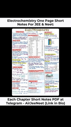 IIT JEE Preparation on Instagram: "Electrochemistry One page Short Notes - Almost Important topics Covered in One Page! Revise quickly For Jee & Neet Before exam with help of These Amazing Short Notes. #chemistry #exams #revision #shortnotes #iitjee #neet"