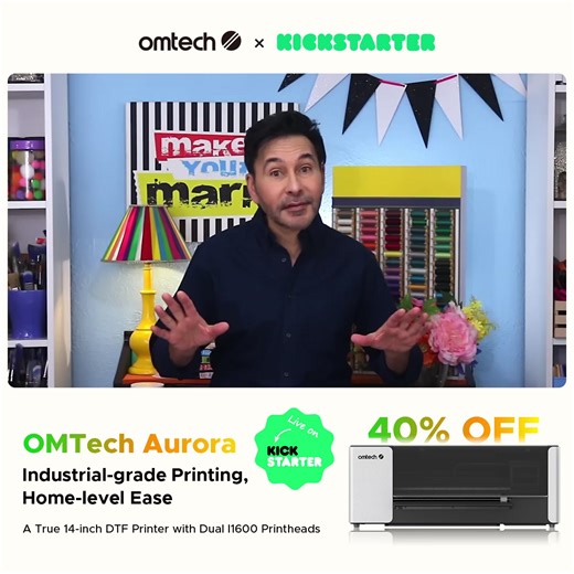 Turn your creative ideas into real products in minutes! Simply load your design and let OMTech Aurora do the rest. · All-in-One DTF System: Printing, powdering, and baking in one machine · Quick Setup: Minimal learning curve for beginners · Vibrant & Detailed: Professional colors on cotton, polyester, and blends · Low Maintenance: Self-cleaning printheads & automated ink circulation | OMTech
