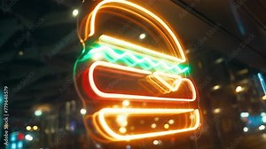 Neon hamburger sign glows in the darkness using automotive lighting technology