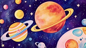 Kids drawing universe space rocket Stars and planets. pulsing in space cartoon animation hand drawn, dynamic, cartoon on cosmic background. Animation water oil effect. Little pilot in space galaxy 4k