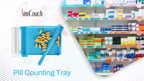 SimCoach Pill Counting Tray, Left Hand Pill Counter with Spatula (Light Blue)