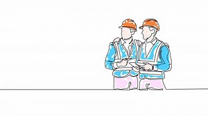 Hand-Drawn One-Line Contractor Animation.Minimalist Line Art With Color .Continuous Outline Drawing Two Young Architect Explaining Building Design Blueprint to Contractor. Business Concept.