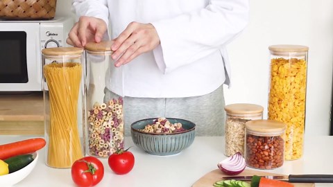 ComSaf Glass Spaghetti Pasta Storage Container with Lids 2 Qt Set of 3, Tall Clear Airtight Food Storage Jar with Wood Cover Kitchen Pantry Storage Container for Noodles Flour Cereal Coffee Beans