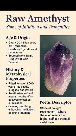 - Age: Over 400 million years old - Origin: Formed in quartz geodes - History: Used for over 3,000 years; sacred to Greeks, Egyptians, and medieval royalty - Metaphysical Properties: - Enhances intuition and spiritual awareness - Calms the mind and supports emotional healing - Aids meditation and restful sleep - Traditionally believed to protect against spiritual intoxication and evil #amethystcrystal #amethyst #gemstones #CalmMind ##Happy | SpindleTop Farm