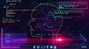 Artificial intelligence on computer screen. Deep machine learning technology with cyber head shape. Digital AI concept 3d animation with glitch effect.