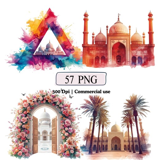Islamic Mosque PNG Floral Ramadan Clipart Eid Bundle Watercolor Mosque Lantern PNG Muslim Illustration Religious Art Crescent Moon Decor Set - Etsy