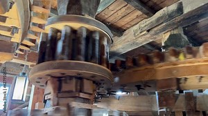 Rotating mechanism Inside windmill at the Zaanse Schans near Amsterdam, close up, static shot