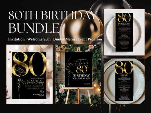 Luxury Black and Gold 80th Birthday Invitation Bundle - Elegant 80th Birthday Program, Menu, and Welcome Sign Set, Editable Canva Template