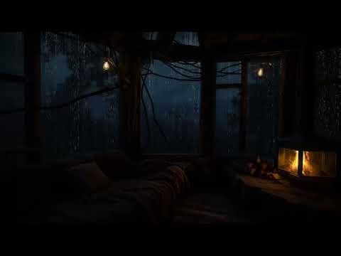 Night Ambience in Cozy Cabin | Gentle Rain Sounds in The Forest Ambience with Fireplace