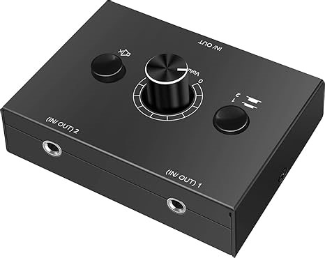 UNSTINCER 3,5mm Audio Switch 2(1)-In-1(2)-Out, Analog Stereo Sound Umschalter mit Volume Knopf Mute Button, ab Aux Selector Schalter Umschaltung für Radio Phone Lautsprecher Kopfhörer PC
