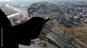 Intelligent Vehicles Cars Communicating Ai Logistic Autonomous Delivery Vehicles IoT GPS Tracking Satellite 5G Smart Roads Traffic Road Junction Interchange Motorway Triangulation Of Traffic Data