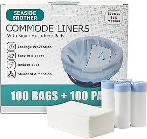 Commode Liners with Absorbent Pads, 100 Bedside Commode Liners and 100 Commode Pads, Portable Toilet Liners, Disposable Commode Bags Universal Fit All Standard Toilet Chair Bucket