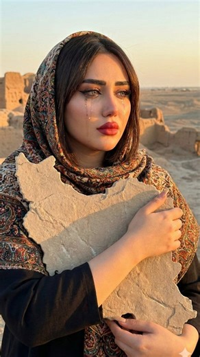 ‎فرشته|مدل|ادیتور|هوش مصنوعی‎ on Instagram‎: "ایرانم💚🤍❤️ برای دریافت کلمه🔺وطنم🔺رو کامنت بزار قبلشم حتما فالومون کن عزیزم پرامپت👇🏻 (The details of the face must stay exactly the same) A half-length portrait of a young woman in a desert setting at warm golden sunset light. Background shows blurred ruins of mud-brick buildings and desert scenery. She wears a traditional Iranian paisley-pattern headscarf, with long dark brown hair partly visible. She is hugging a large stone shaped like the ma