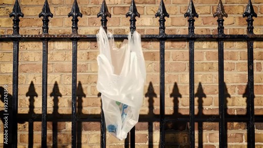 Plastic bag snagged on a wrought iron fence against a brick wall creates a stark and unsettling image symbolizing environmental pollution and urban decay