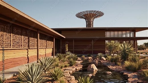 A modern sustainable African building using earth materials and passive cooling design, soft daylight, realistic textures, slow smooth pan camera movement.