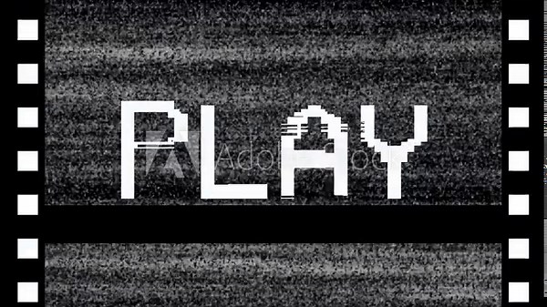 Retro VHS Tape Play Screen 'PLAY' button overlay with static noise and glitch effects with Film Strip Border Stock Video