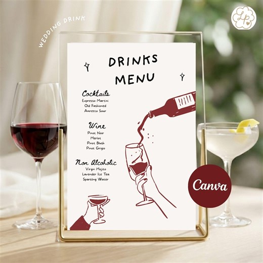 Wedding Bar Menu Template: Wine Whimsical Design, Cocktails Illustration Template (digital Download) - Etsy