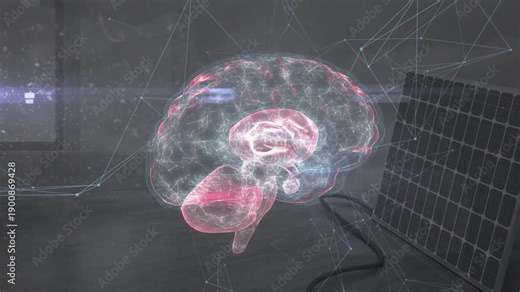 Monitor sending signal, holographic brain appearing, rotating and pulsing, revealing neural network