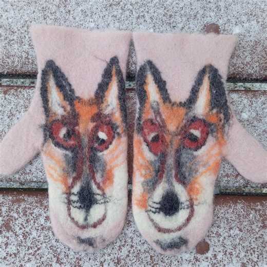 Wet Felted Merino Wool Mittens, Powder Pink Fox Face Design, Size L - Etsy