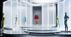 3D Fashion Show: Virtual Male Model Walking by the Metaverse Podum. Fashionable Casual Look. Meetings in Virtual Space, Artificial World. Concept of Gamification and Realization of NFT Products. 3D