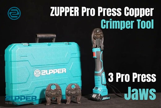 ZUPPER Pro Press Copper Crimper Tool with 3 Pro Press Jaws 1/2" 3/4“ 1", Compact Propress Tool for Copper Pipe, Brushless Motor 18V Electric Press Tool with 2pcs 2Ah Battery