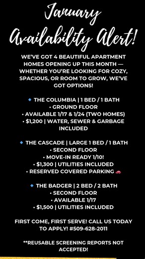 UPDATE: The Cascade has been rented! The Columbia floor plans have both been rented! The Badger apartment home with move in date of 1/17/26 is still available and ready for an application! Call us today to apply! | On the Boulevard | Facebook