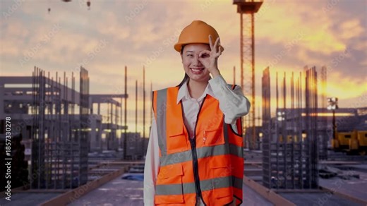 Asian Female Engineer With Safety Helmet Showing Ok Hand Sign Over Eye And Smiling To Camera While Standing at Construction Site with Tower Cranes and Building Foundations