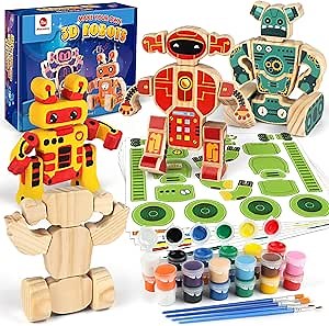 Mocoosy Wooden Robot Painting Art and Craft Kit for Kids Ages 3-5, Build & Decorate Your Own Robots with Paint & Stickers, Wood Robot STEM Game Easter Basket Stuffers Educational Gift for Boys Girls