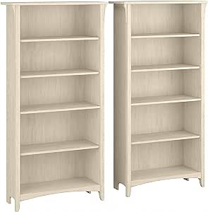Bush Home Salinas Tall 5 Shelf Bookcase - Set of 2 in Antique White, Vertical Office Storage, Bookshelves for Home Workspace, Multi-Purpose Shelving Units